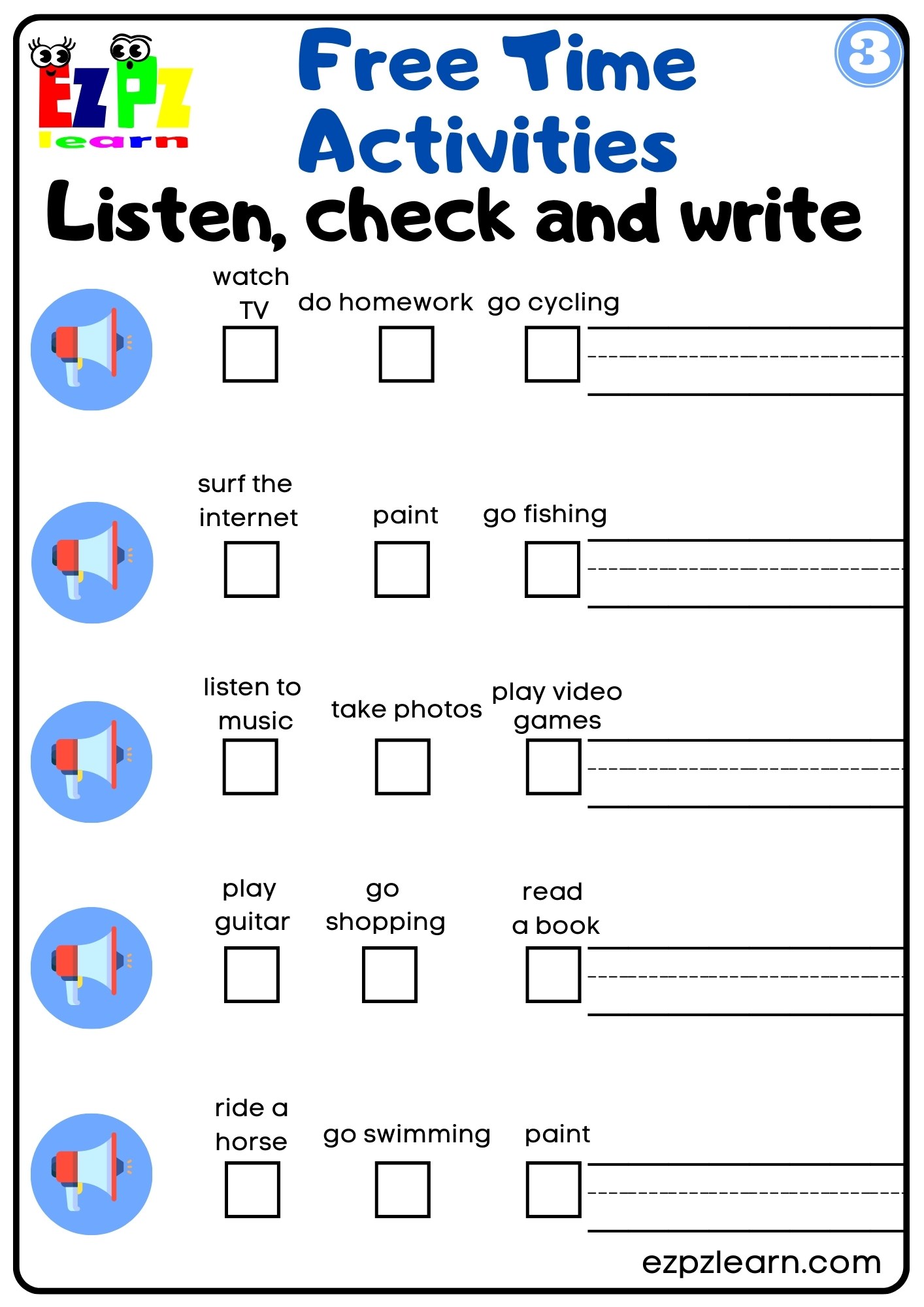 Free Time Activities Interactive Worksheet Listen, Check and Write the Words Activity for Kids ...